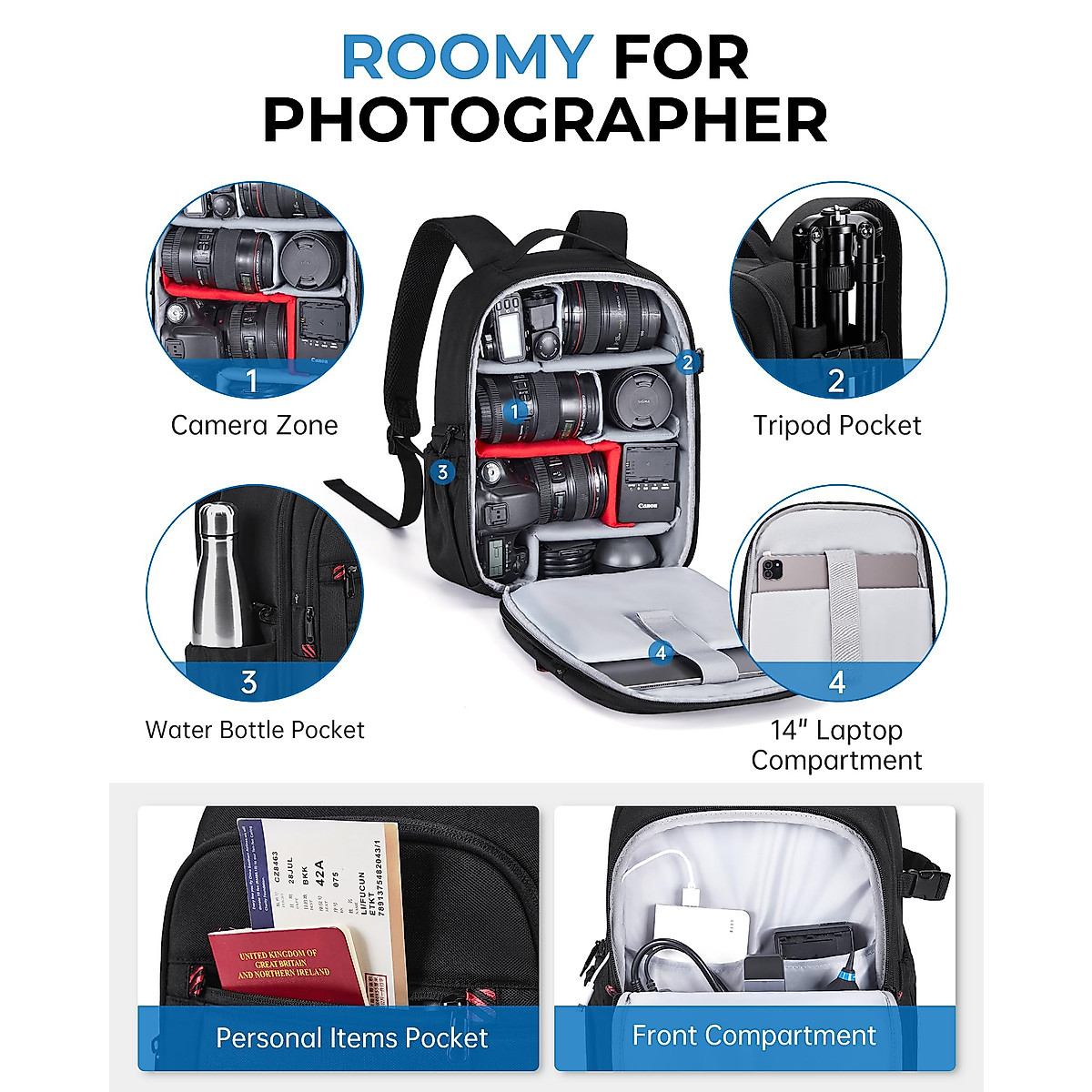 BAGSMART Camera Bag, DSLR SLR Small Camera Backpack Fits 13 Inch Laptop, Anti-theft Photography Backpacks with Rain Cover, Tripod Holder, Black