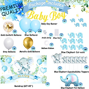 Blue Elephant Baby Shower Decorations for Boy, Baby Boy Shower Supplies, It's a boy Backdrop Banner Balloon Arch Kit Cake Topper Cupcake Topper Cutout for Baby Shower Decorations for Boy