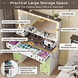 DICTAC Farmhouse Vanity Desk with Mirror and Hollywood Lights, 43'' Makeup Table with Power Outlet, 5 Drawers and 2 Cabinets Vanity Table with 3 Color Lighting Modes Brightness Adjustable, White