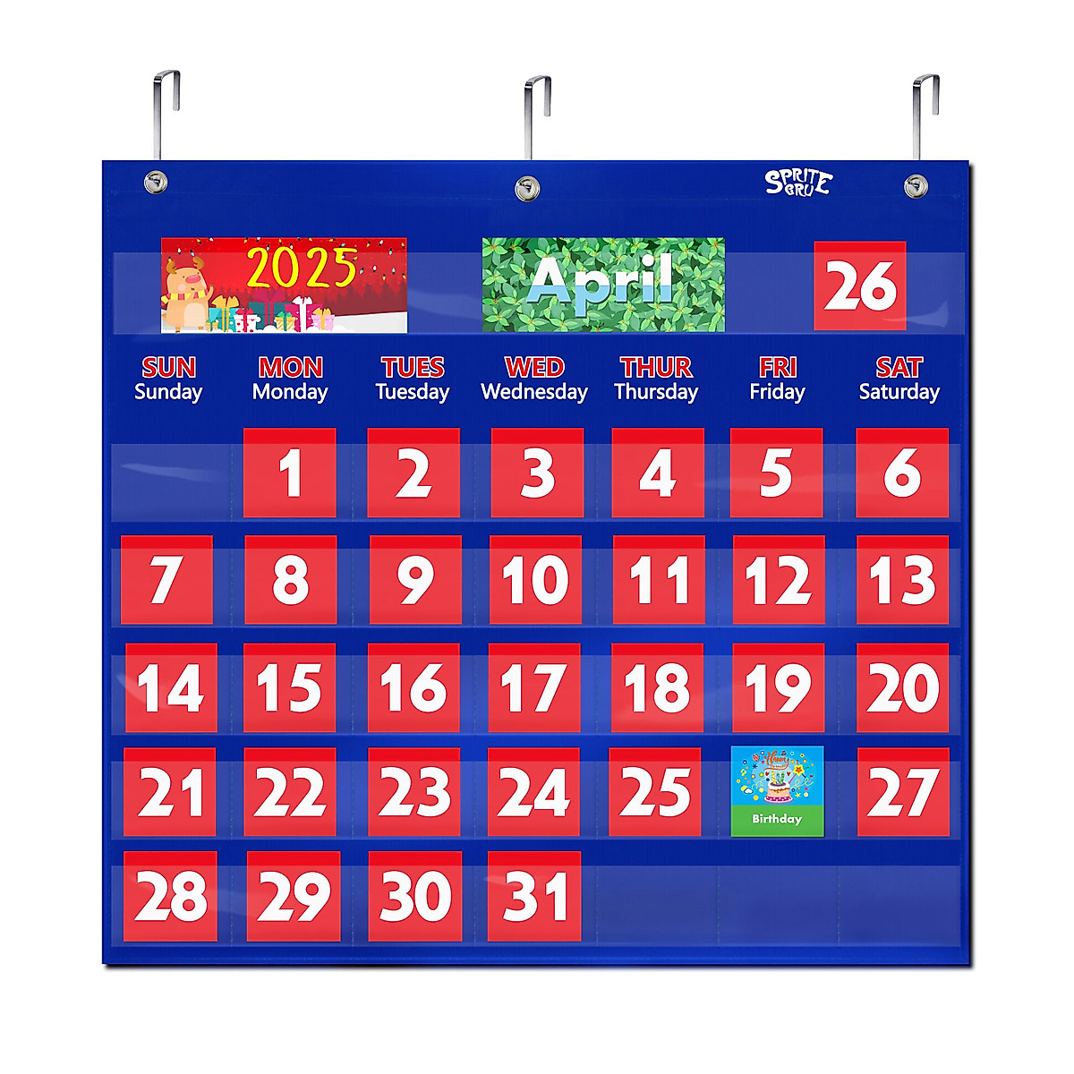 Blue Calendar Pocket Chart with 76 Cards,(68 Illustrated Activity Cards, 8 Dry Erasable Flash Cards and 3 Hooks)