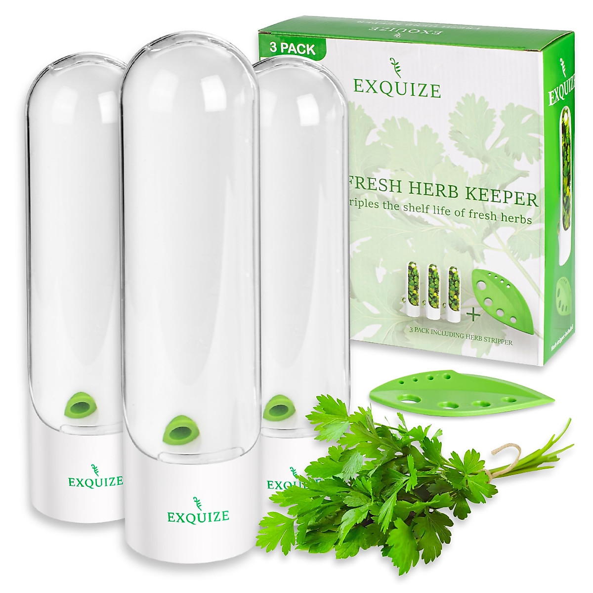 EXQUIZE Fresh Herb Keeper - Refrigerator Organizers - 3 Pack White BPA Free Round Containers - Includes Green Herb Tool - 2.5 Inches