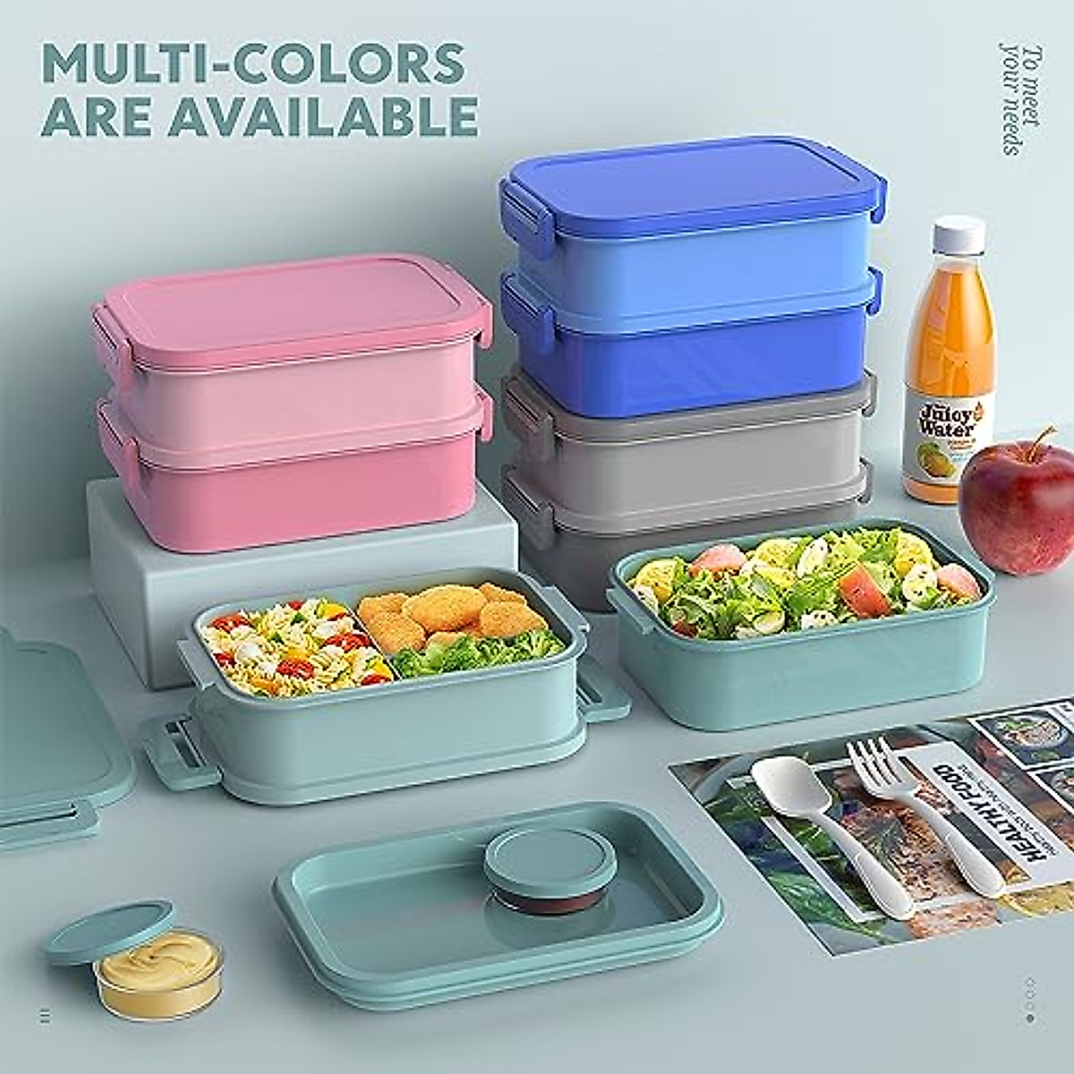 Jelife Bento Box Adult Lunch Box - 72oz Stackable Bento Lunch Box for Adults, 3 Layers Leak-Proof All-in-One Large Bento Box Lunchbox with Utensil Sauce Dressing Containers for Dining Out,Work, Green
