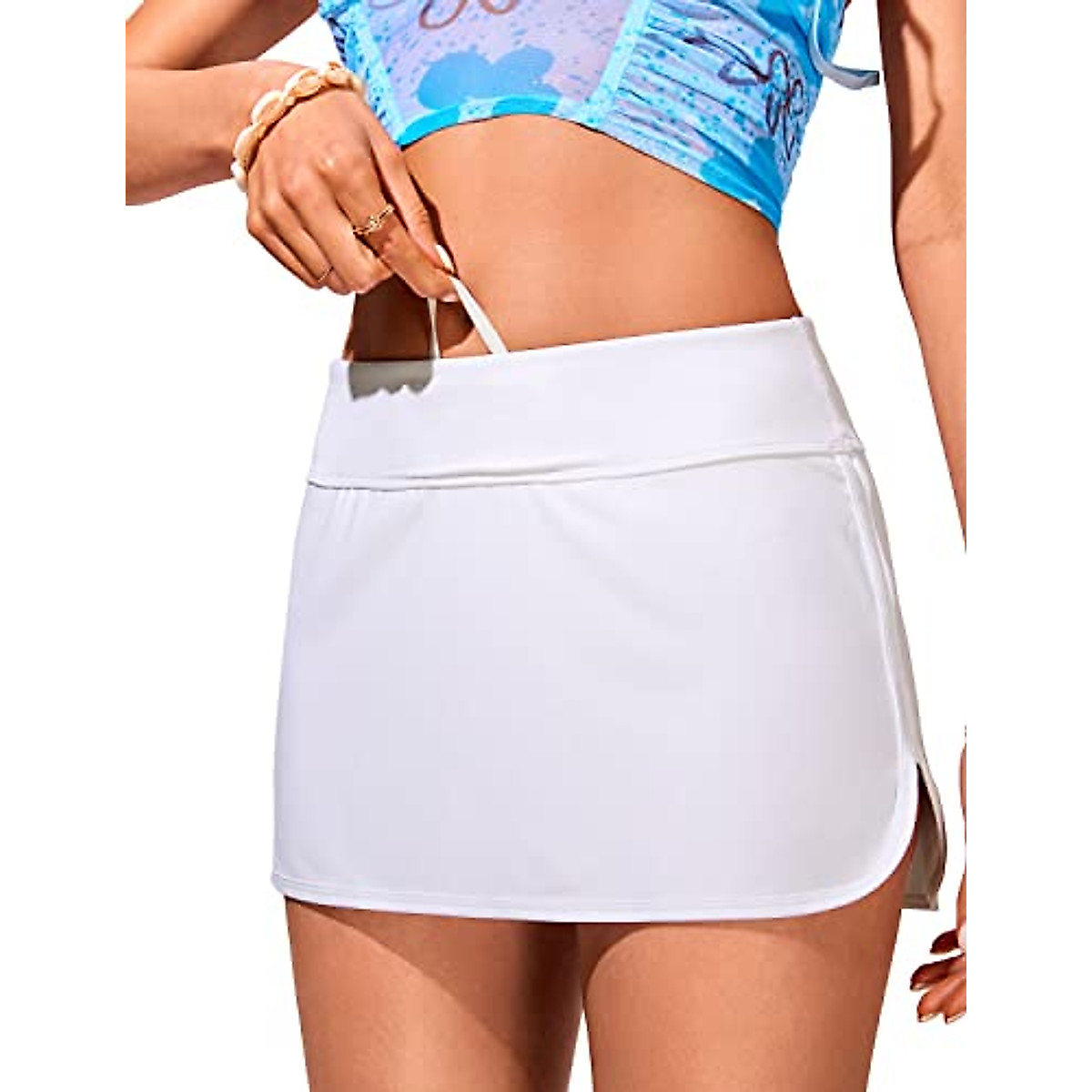 CRZ YOGA Womens Mid Rise Swim Skirt Athletic Bathing Suit Skorts Skirts Side Split Swimsuit Bottoms with Pocket White Large