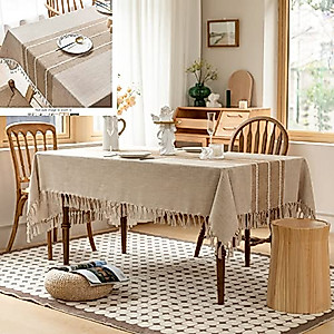 INUTOWA Handmade Tassels Tablecloth Embroidery Burlap Linen - Heavy Duty Wrinkle Free Rectangle Table Cloth for 6 Foot Tables Rustic Farmhouse Tablecloths for Outdoor Party Kitchen Coffee 55x86