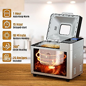 Razorri Bread Maker Machine Stainless Steel UL Certified, 25-in-1 with Nonstick Bread Pan, Homemade DIY 2Lbs Breadmaker, Gluten-Free Setting, LED Display, 15H Delayed-start & 1H Keep Warm, 3 Crust Colors and 3 Loaf Sizes