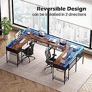 SUPERJARE L Shaped Desk with Power Outlets & LED Lights, Computer Desk with Storage Shelves & Fabric Drawer, Reversible Corner Desk with Bookshelf, Home Office Desk, Rustic Brown