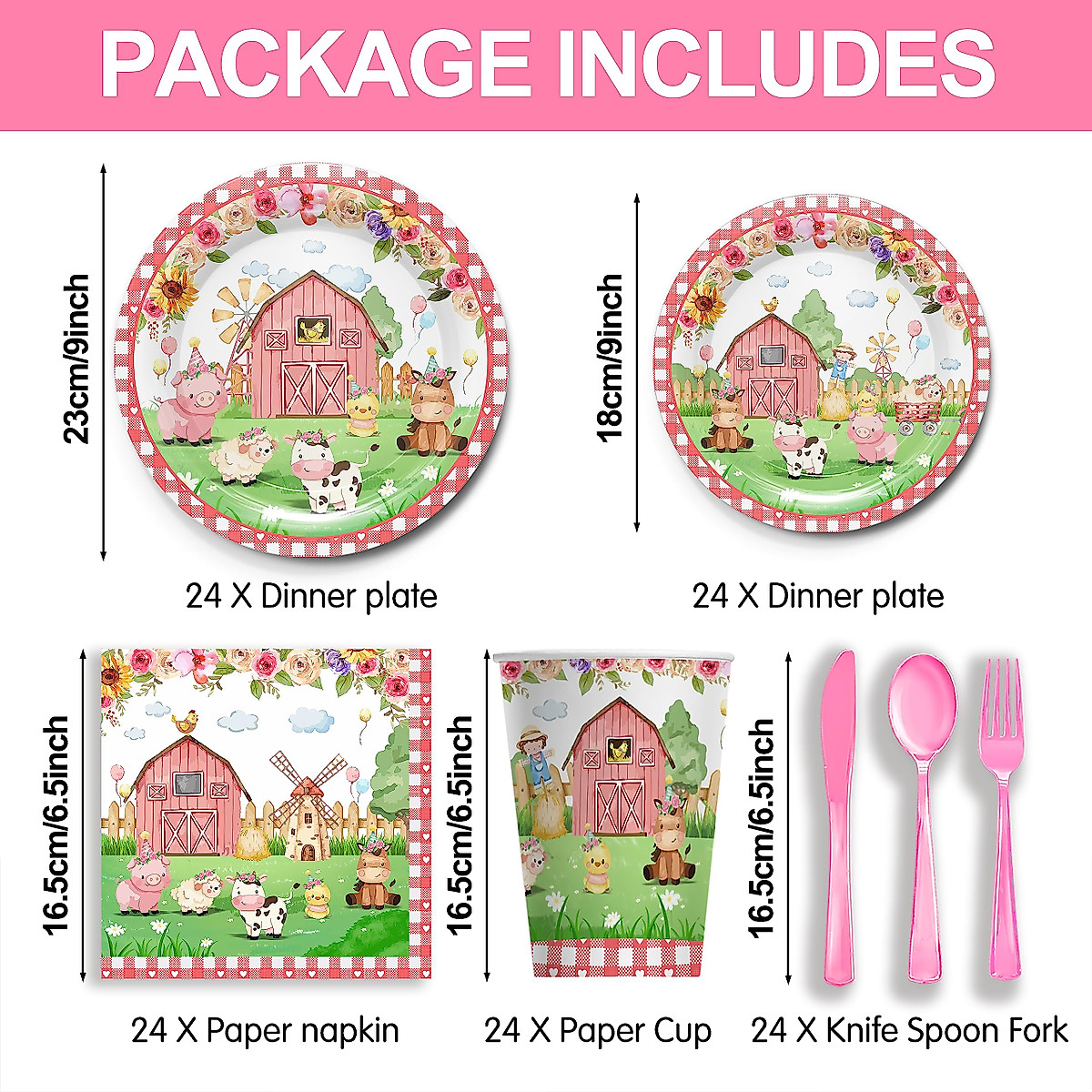 Piooluialy Pink Farm Birthday Party Supplies for Girl - Farm Animal Baby Shower Party Decorations Include Dinner Plates, Cups, Napkins, Cutlery, Farm House Barnyard Theme Party Supplies | Serves 24