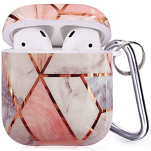 Qokey Compatible with Airpods Case,Bling Marble Soft Silicone Case Cover Wireless Charging Case Portable & Shockproof Women Girls Men with Carabiner Protective Case for AirPods 1 & 2,Rose Gold Marble