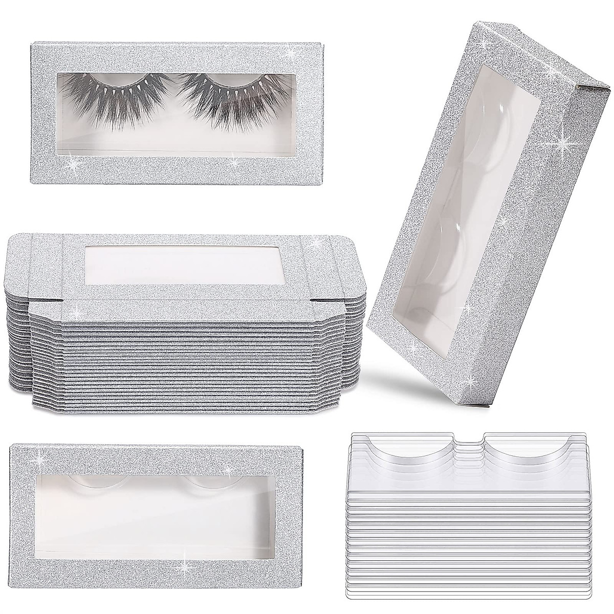 Noverlife 60PCS Empty Eyelash Packaging Box and Tray, 30 False Eyelash Storage Case 30 Transparent Tray, Lash Packaging Storage Container Lash Case Holder Tray Fake Lashes Holder Set - Glitter Silver