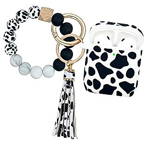 KOUJAON AirPods Case, Silicone Protective Case Cover with Beaded Bracelet Keychain Compatible with Apple AirPods 2nd 1st Generation Charging Case (Cow)