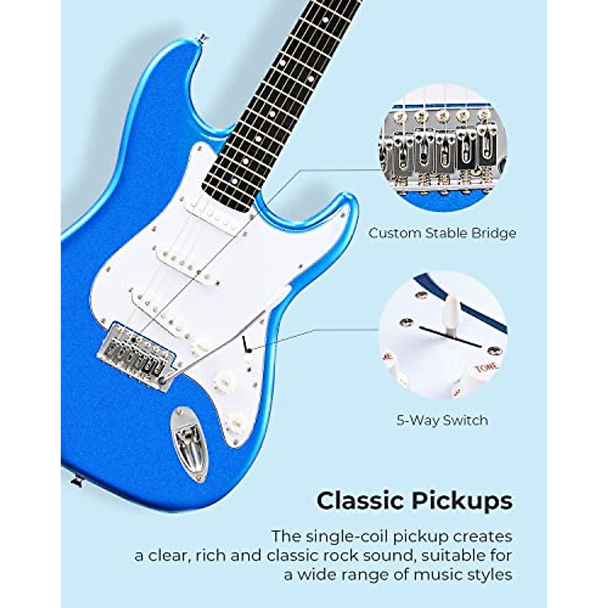 Electric Guitar 39 Inch Full Size Electric Guitar Beginner Starter Kit Bundle with Folding 10W Amp for Adults Teens,Metallic Blue, by Vangoa