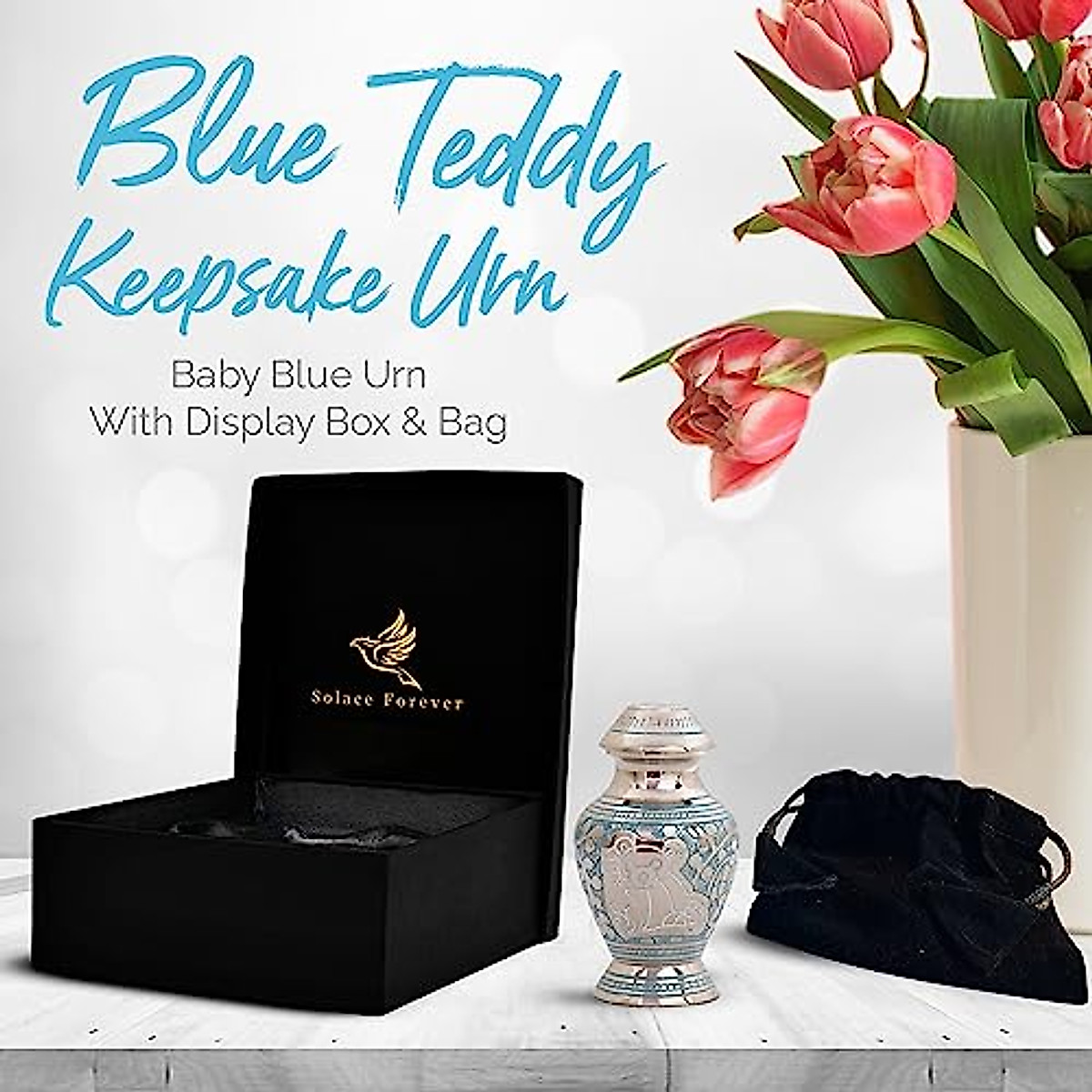 Blue Baby Keepsake Urn - Mini Infant Urn for Baby Girl/Boy with Box & Bag - Handcrafted Teddy Bear Urn - Small Cremation Urn for Children Ashes - Tribute to Your Loved Kid with Baby Urn