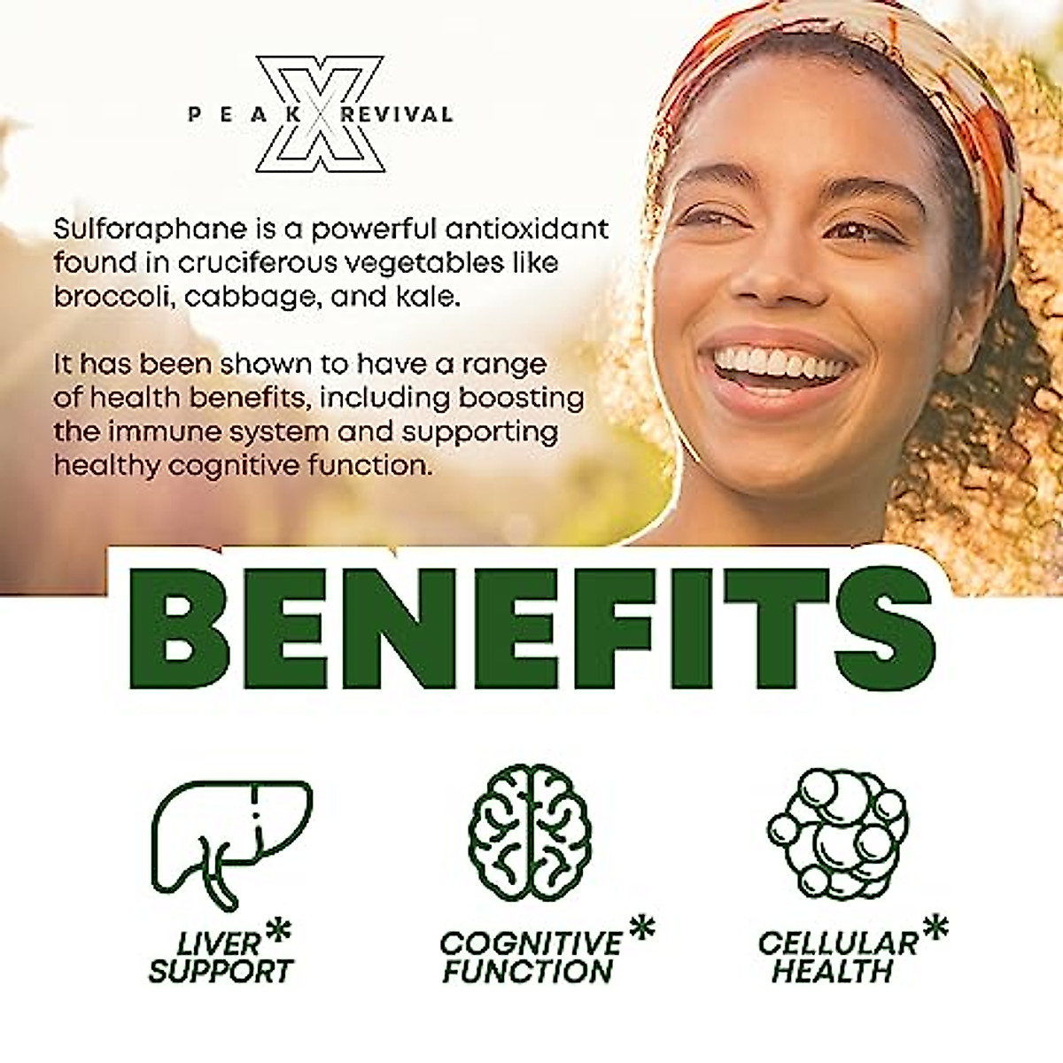 Peak Revival-X 5000mcg of Real Lab-Verified Sulforaphane Supplement - Broccoli Seed Extract 250mg Supplements - Promotes Cognitive Function, Liver & Cellular Support - 60 Vegan Capsules/Pills