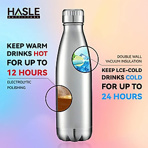 HASLE OUTFITTERS 17oz Stainless Steel Water Bottles, Vacuum Insulated Water Bottles Double Walled Reusable Metal Sports Water Bottles Keep Drinks Hot and Cold, Stainless, 1Pack
