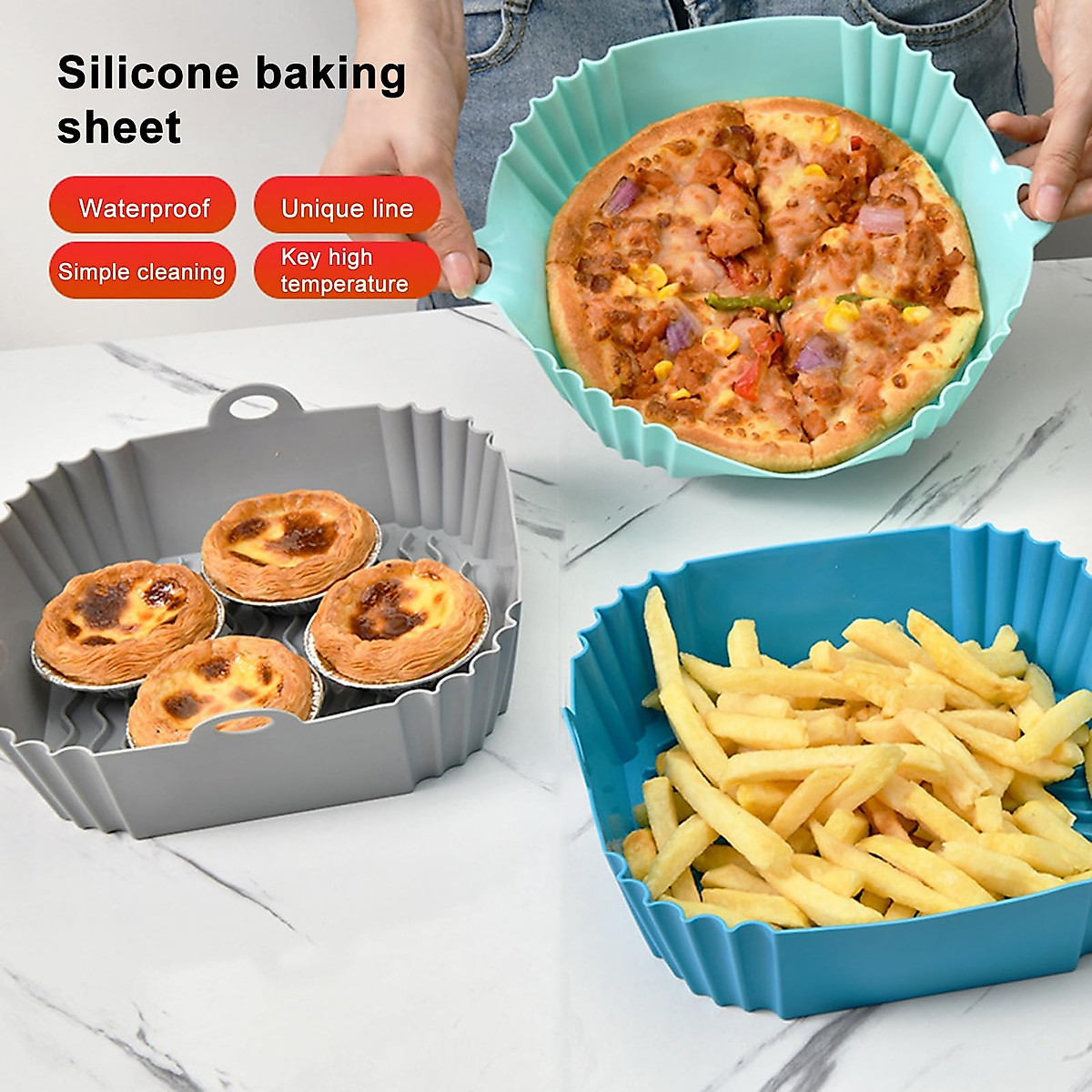 lamphle 8x8 Air-Fryer Silicone Liners Pot 2.3 Inches Deep Square Shape, Air-Fryer Basket Bowl with Handles &Mitts Reusable Food Grade Air-Fryer Oven Accessories Fits 4QT - 7QT Air-Fryer Pink