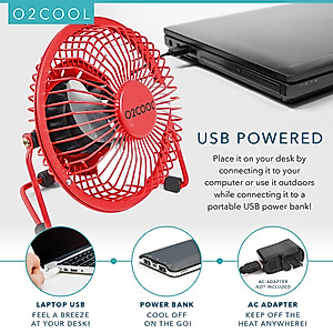 O2COOL 4" USB Personal Desk Fan – Portable Mini Table Cooling Fan - Plugs into Computer - Adjustable 360° Tilt, Quiet, Rubber Grip Feet - Red