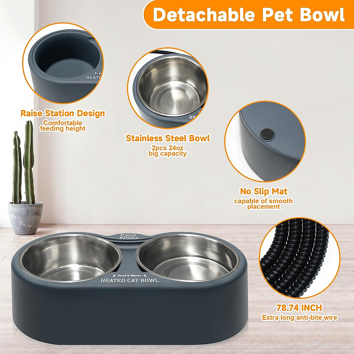 Heated Cat Bowl, Outdoor Heated Pet Bowl with Double Stainless Steel Bowl 24 OZ, Heated Water Food Bowl for Cat Pet, Thermal Pet Bowl Provide Drinkable Water and Hot Food in Winter