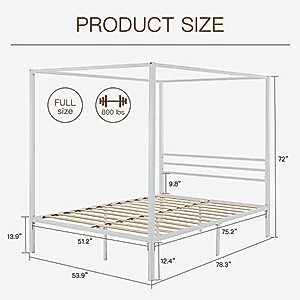 ikalido Full Size Metal Canopy Bed Frame, Modern Four-Poster Platform Bed Frame, Mattress Foundation with Wood Slat Support/Under-Bed Storage Space/No Box Spring Needed/White
