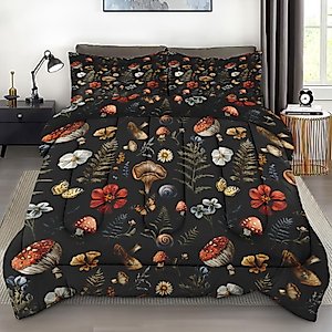 Pamnest Comforter Set Queen Size, Vintage Woodland Mushroom Soft 3 Pcs Bedding Set for Kids and Adults, Fern Plants Botanical Comforter Set with Pillowcase, for Bedroom Bed Decor