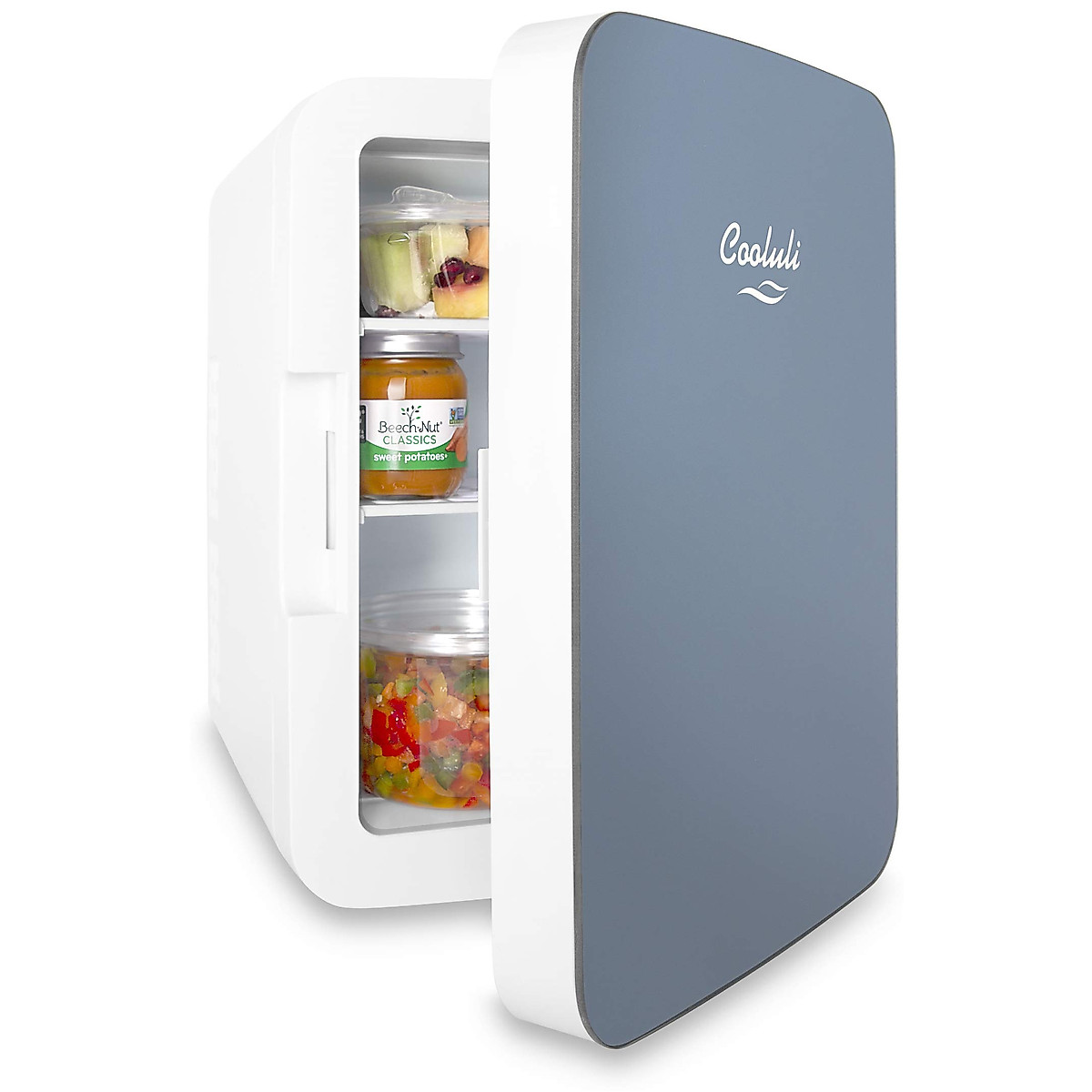 Cooluli 10L Mini Fridge for Bedroom - Car, Office Desk & College Dorm Room - 12v Portable Cooler & Warmer for Food, Drinks, Skincare, Beauty & Makeup - AC/DC Small Refrigerator with Glass Front, Blue