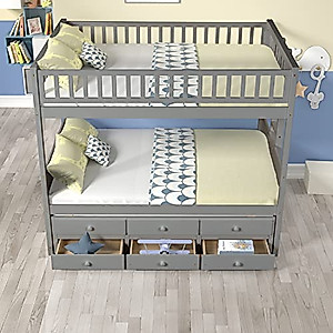 OUYESSIR Full Over Full Bunk Bed with Trundle and 3 Drawers, Full Size Bunk Beds Convertible to 2 Platform Beds, Solid Wood Bunk Bed with Twin Size Trundle and 3 Storage Drawers (Grey, Ladder)