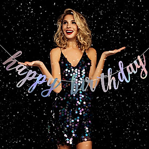 Shiny Happy Birthday Banner Iridescent Happy Birthday Banner, Silver Happy Birthday Sign Banner for Girls Baby Shower Birthday Party Decorations