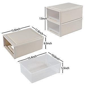Jnktka 17.8 Quart Desktop Stackable Storage Drawers, 2 Pack Plastic Drawer Boxes, Beige