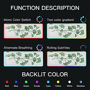 Large RGB Gaming Mouse Pad Ginkgo Biloba Known Ginko Gingko Leaves Glowing Extended Mousepad 35.4x15.7in, Soft Anti-Slip Rubber Base Luminous Mouse Mat for Pc Laptop, Gaming, Office, Home