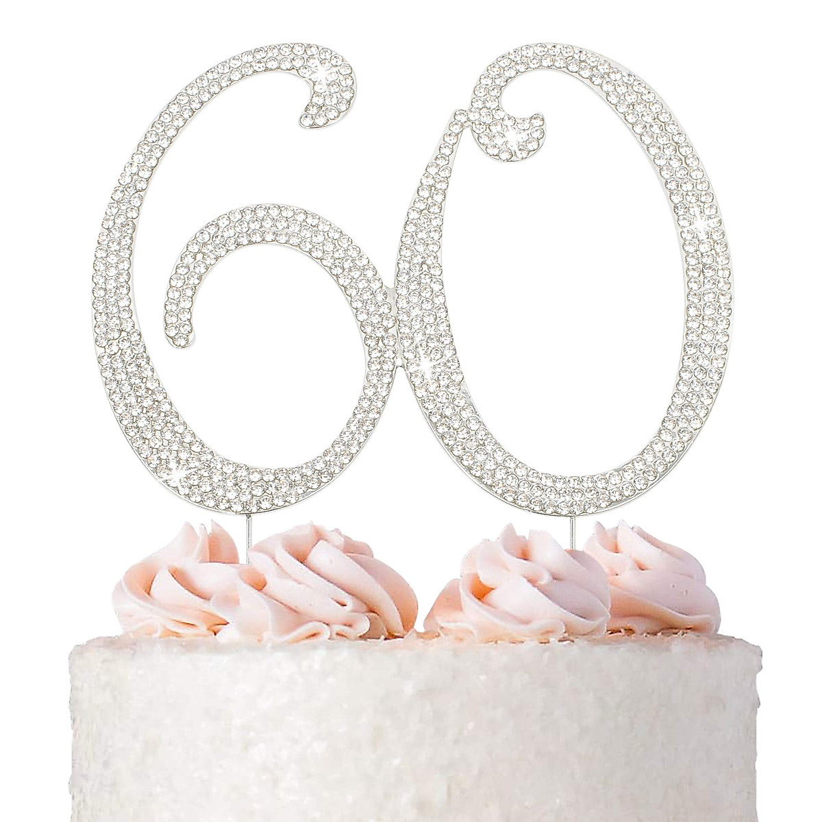 60 Cake Topper - Premium Silver Metal - 60th Birthday or Anniversary Party Sparkly Rhinestone Decoration Makes a Great Centerpiece - Now Protected in a Box