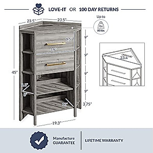 BELLEZE Corner Cabinet with USB Ports and Outlets, Corner Table with 2 Storage Drawers and 10 Shelves, Store and Organize Home Furniture for Bedroom, Living Room Small Space - Sonoma (Gray)