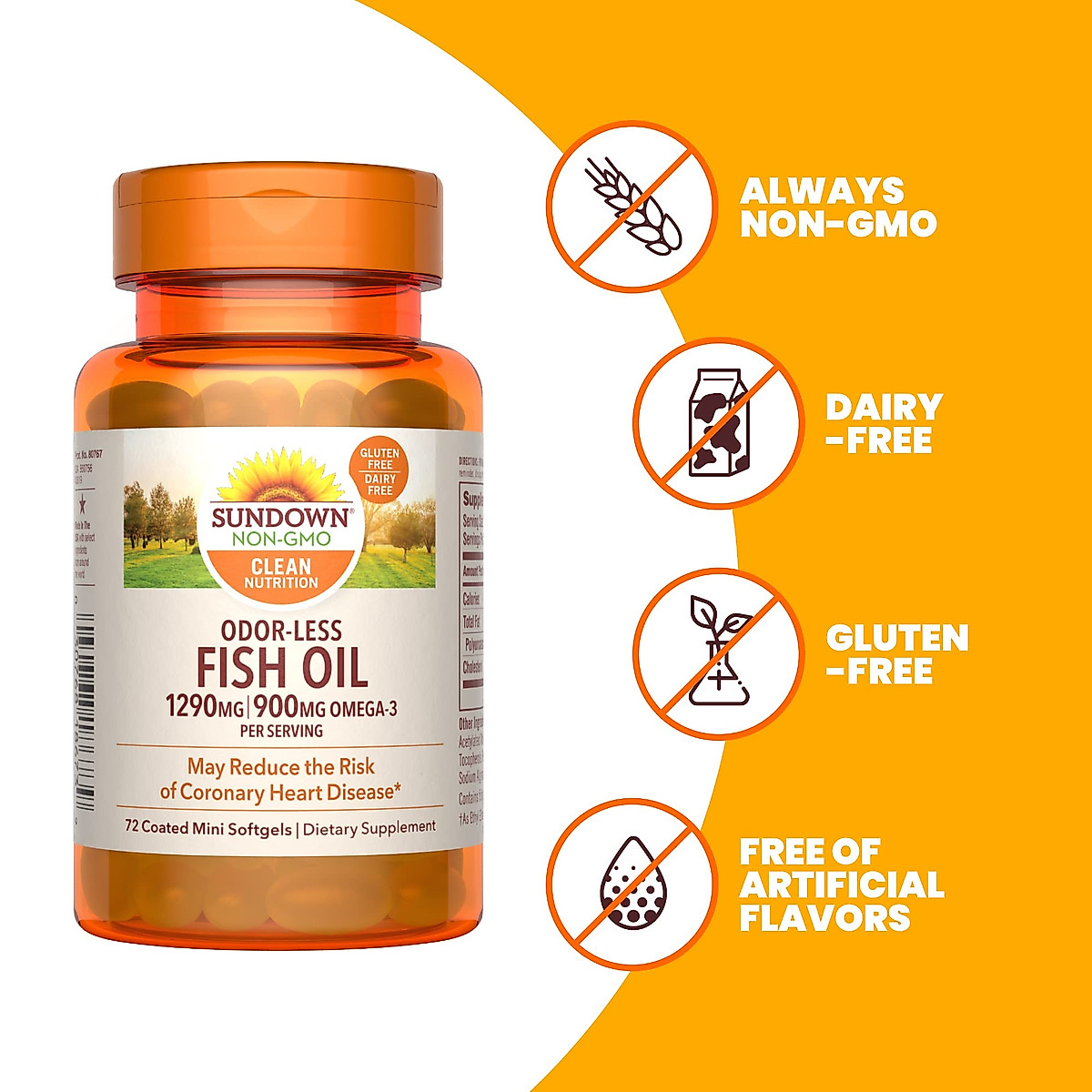Sundown Odorless Fish Oil, 1290mg, Omega 3 Dietary Supplement, Supports Heart Health, 72 Coated Mini Softgels