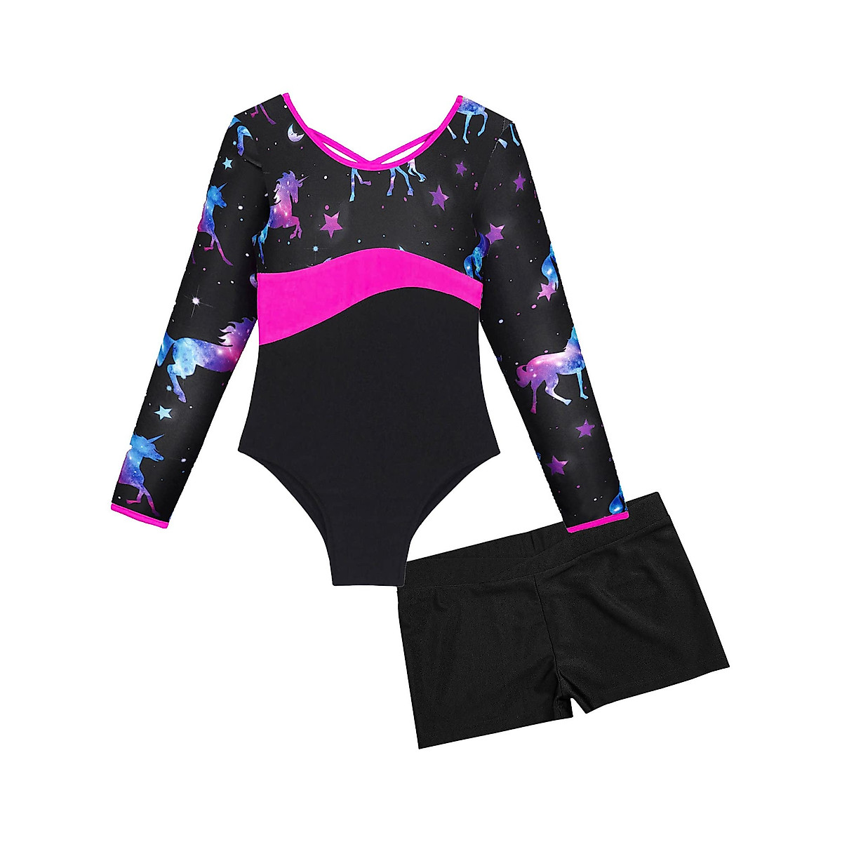 YONGHS Kids Girls Long Sleeve Ballet Dance Leotard with Workout Shorts Gymnastics Unitard Dancewear Night Pegasus 6 Years