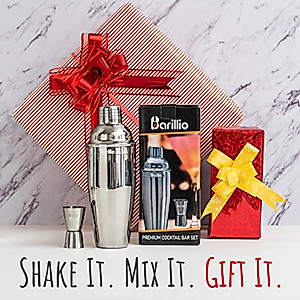 barillio Elite Cocktail Shaker Set Bartender Kit 24 oz Stainless Steel Martini Mixer, Muddler, Mixing Spoon, Jigger, 2 Liquor pourers, Velvet Bag, Recipes Booklet & eBook