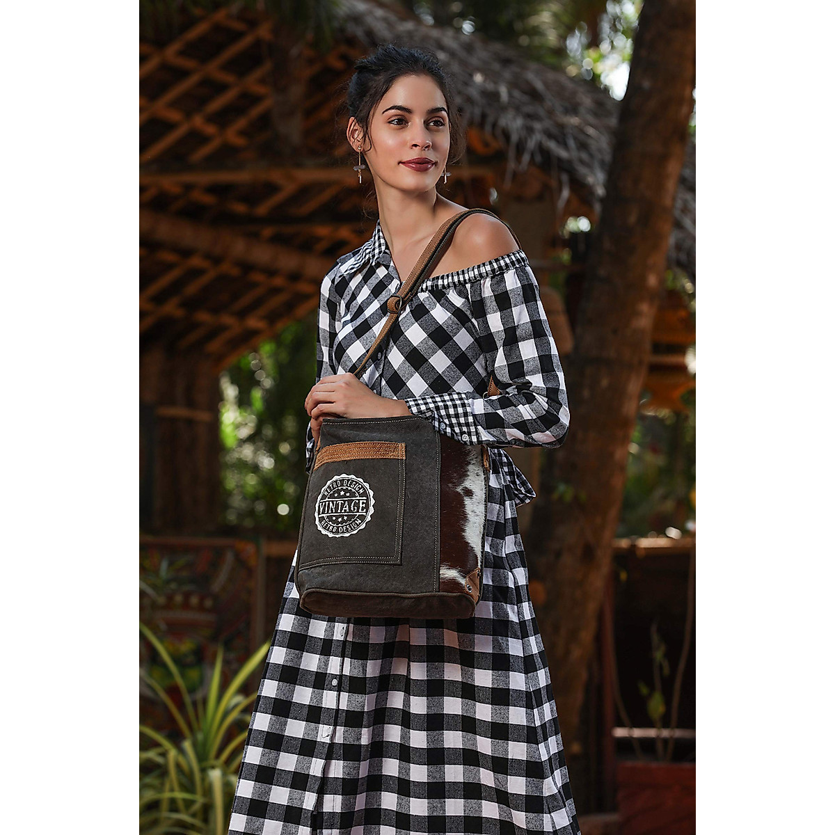 Myra Bag Vintage Stamp Upcycled Canvas & Cowhide Shoulder Bag S-1477