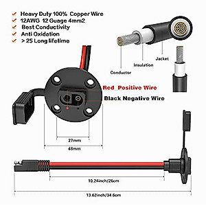 Kohree SAE Power Socket Sidewall Port Connector, 2 Pin SAE Quick Connect Solar Panel Flush Mount Connector Plug Cable Weatherproof 12AWG 13.2" w/ 8 Screws for Solar Generator Battery Charger, 2 Pcs