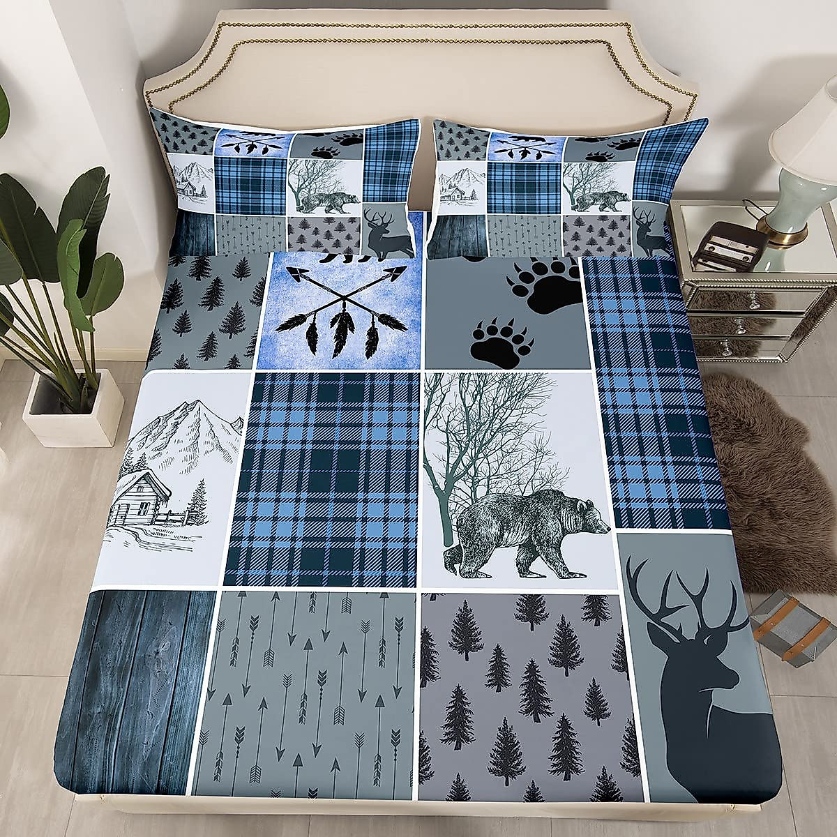 Rustic Farmhouse Sheet Set Twin, Retro Cabin Lodge Fitted Sheet Country Bear Deer Bed Sheets For Kids Teens Adult Men, Hunting Wild Animal Plaid Checkered Flat Sheet 3Pcs With 1 Pillow Case,Blue