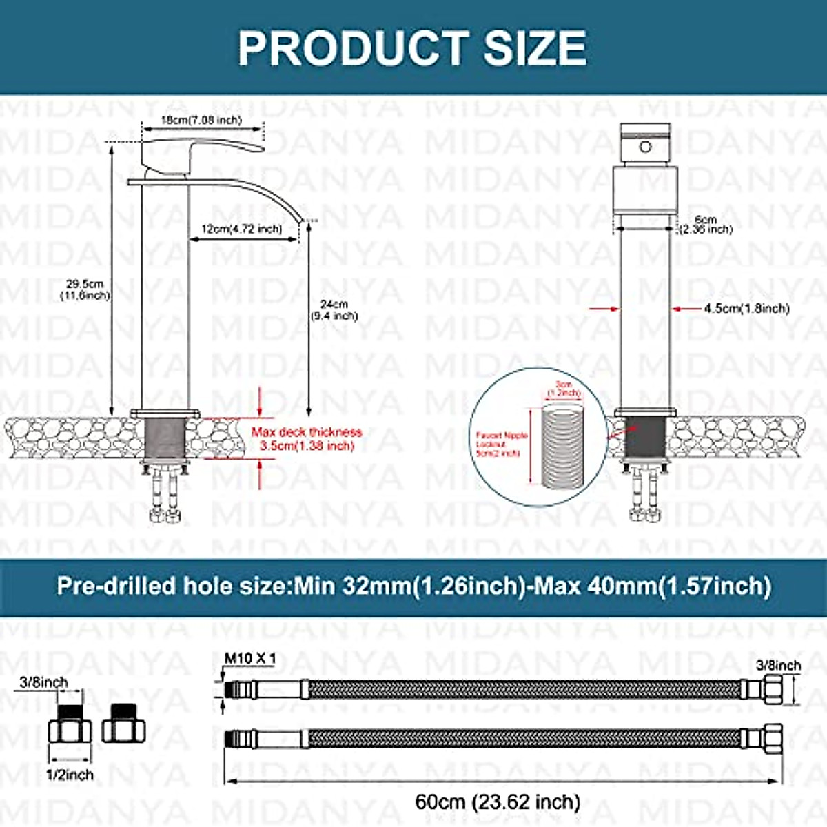 Midanya Tall Waterfall Bathroom Bowl Vessl Sink Faucet Matte Black Single Handle Single Hole Deck Mount Mixer Tap with Large Rectangular Spout Sink Faucet Lavatory Vanity