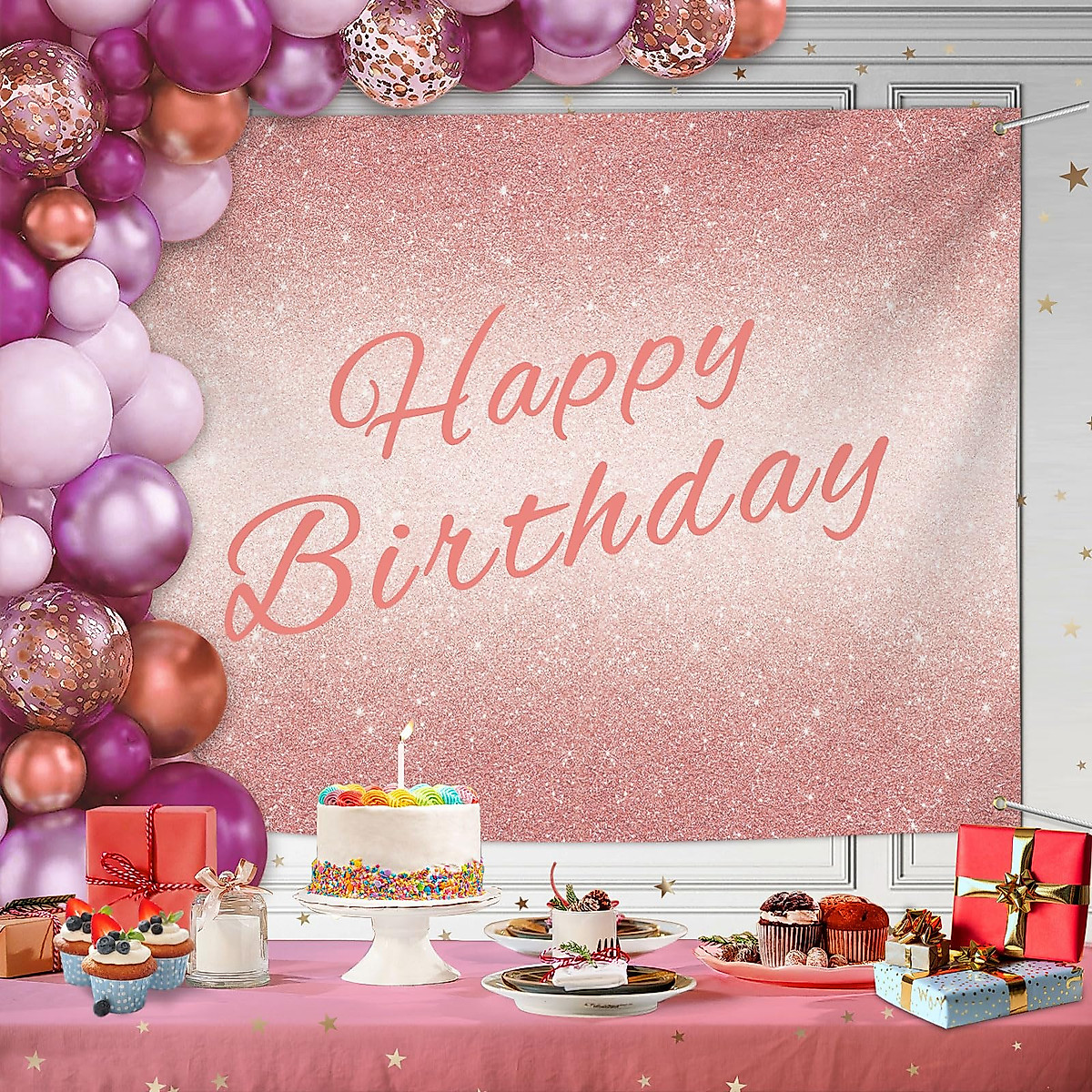 Rimbol Rose Gold Happy Birthday Banner Background Party Decoration Supplies, 4.5x6ft Photo Decoration Props, Suitable for Girls and Ladies