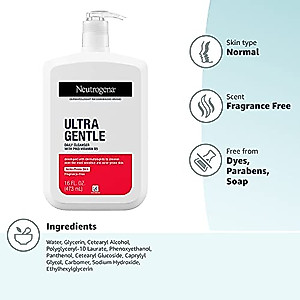 Neutrogena Ultra Gentle Daily Facial Cleanser with Pro-Vitamin B5 for Acne-Prone & Sensitive Skin, Fragrance-Free, Dye-Free, Soap-Free, Paraben-Free & Hypoallergenic Face Wash, 16 fl. oz