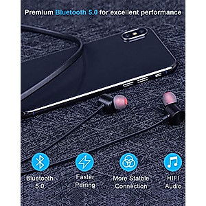 NANAMI Bluetooth Earbuds, 5.0 Bluetooth Wireless Headphones, IPX7 Waterproof, in-Ear Earphones with Mic, HiFi Stereo Deep Bass Headsets, Magnetic Neckband, 15 Hours Playtime for Gym (Black with Red)