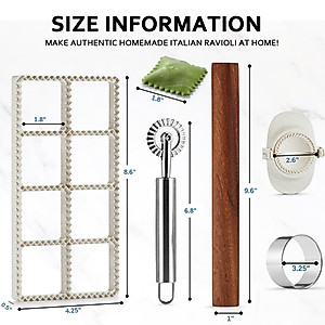 MUMSUNG Ravioli Maker Press, Ravioli Press Mold Set - 1.85" Squares Ravioli Stamp Maker Cutter with Wood Rolling Pin, 2.6" Empanada Maker Press Kit and Ravioli Wheel, Makes 8 Ravioli