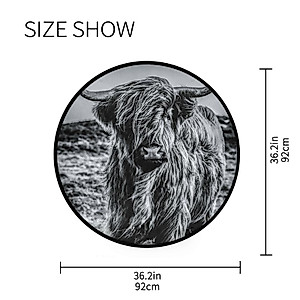 Highland Cattle Cow Area Rug Round 3 ft Washable for Bedroom Living Room Scottish Meadow Animal Circle Rug Mat Non Slip Carpet Decor Floor Mat for Bathroom Kitchen Dorm