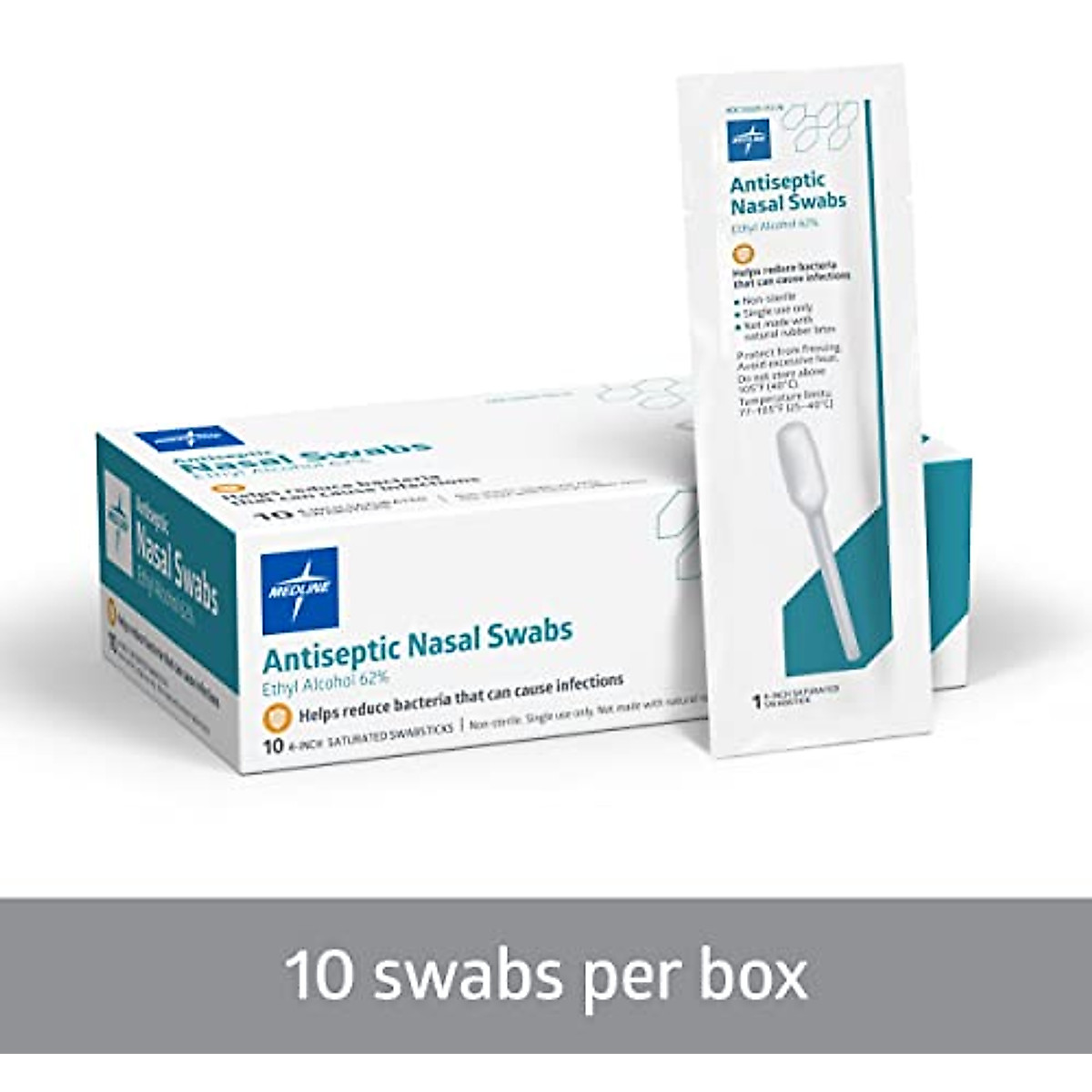 Medline Antiseptic Nasal Swabs, Reduces 99.99% of Bacteria, Presaturated, 62% Ethyl Alcohol, Pleasant Kiwi Scent, Individually Wrapped, 10 Count