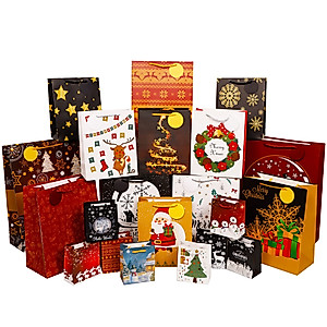 Lulu Home Christmas Assorted Gift Bags, 24 Count Xmas Wrapping Bags with Tags, 4 Jumbo, 6 Large, 6 Medium, 8 Small