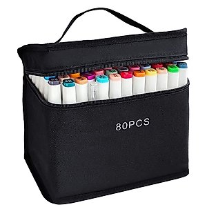 chfine Portable Large Capacity Marker Case, Black Canvas Pen Storage Bag Zippered Pencil Organizer with Carrying Handle Hold 80-90Pcs Markers Pens or 120Pcs Watercolor Pens for Kids Adult Students