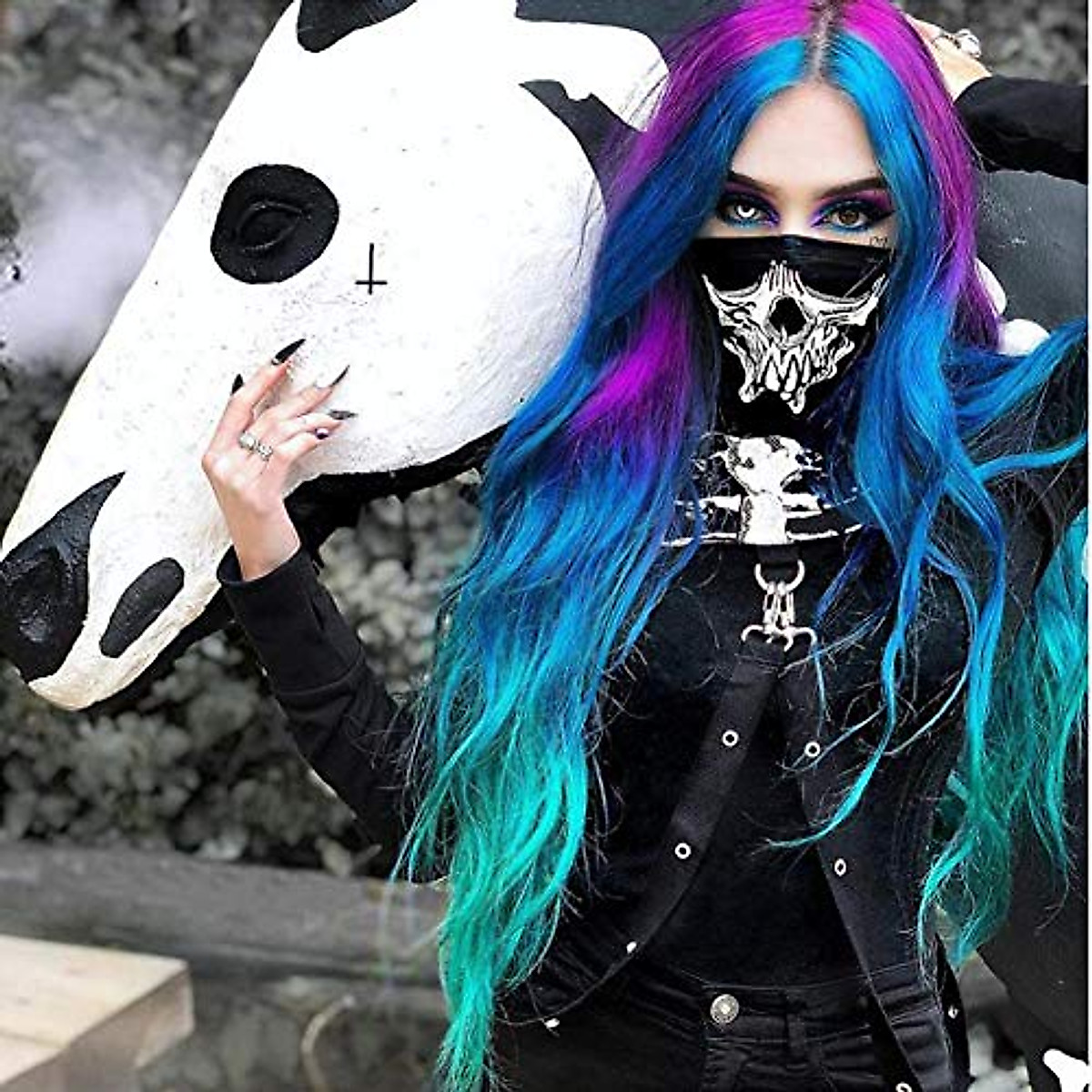 Women Gothic Skeleton Print Hoodies Mask Bandage Crop Top Lace Up Pullover Sweatshirt for Rave Festivals Streetwear