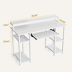 CubiCubi Computer Desk with Keyboard Tray, 47 Inch Office Desk with Monitor Stand and Storage Shelves, Music Studio Desk, Work Table Gaming Desk, White