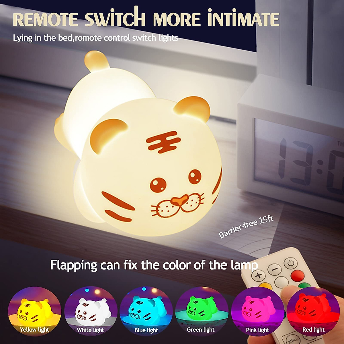 QANYI Christmas Gift Tiger Lamp, Silicone Color Changing Tiger Desk Nightlight, Rechargeable Nursery Table Lamp with Timer and Remote Control, Gift for Toddler Baby Girls Boys Children Bedroom