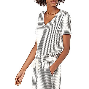 Amazon Essentials Women's Supersoft Terry Short-Sleeve V-Neck Romper (Previously Daily Ritual), Black White Thin Stripe, Large