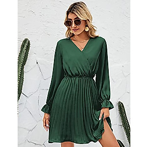 Ondogdog Women's Wrap V-Neck Dress Wedding Guest Casual Pleated Long Sleeve Mini Dress Green